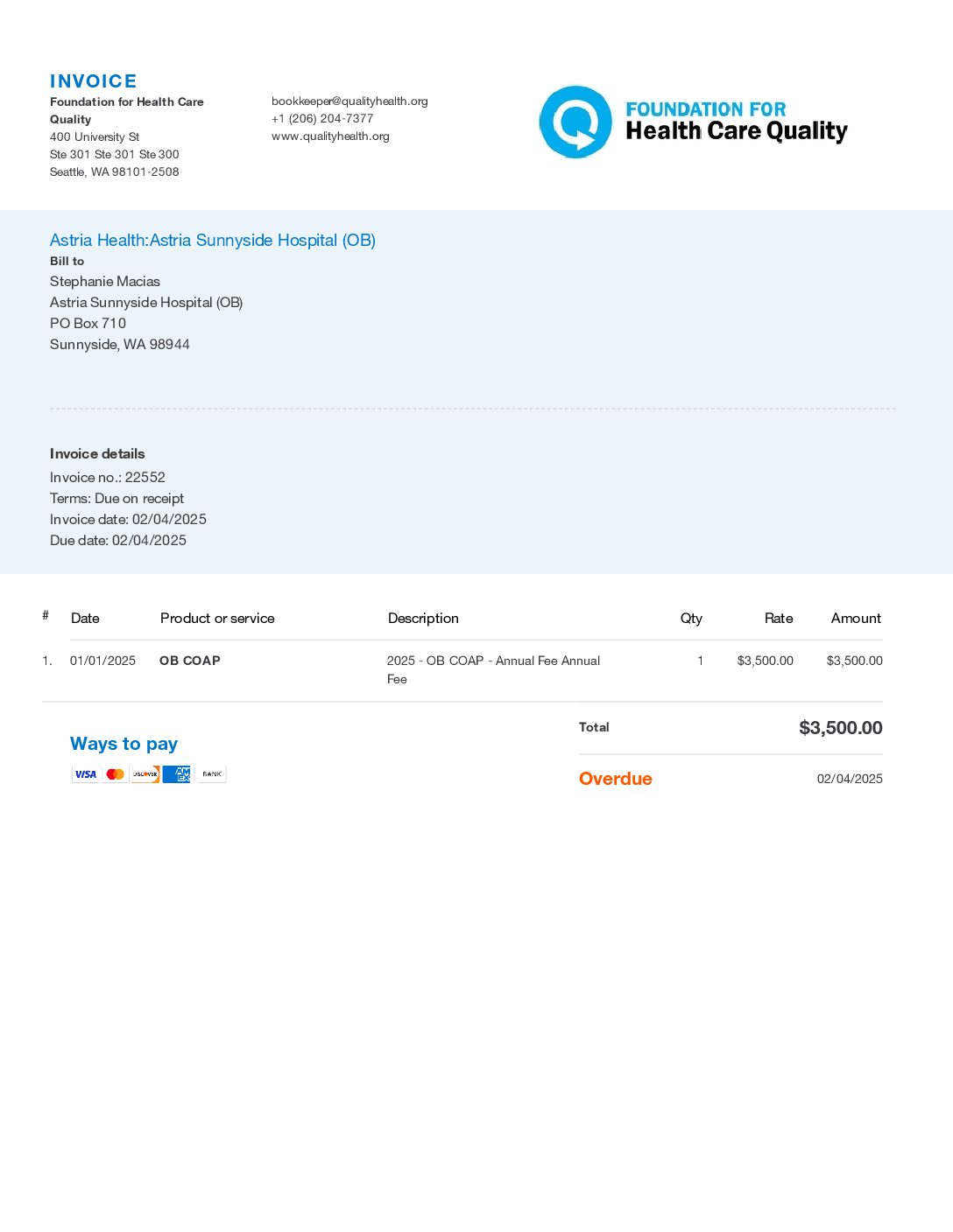 Invoice 22552 | Foundation For Health Care Quality