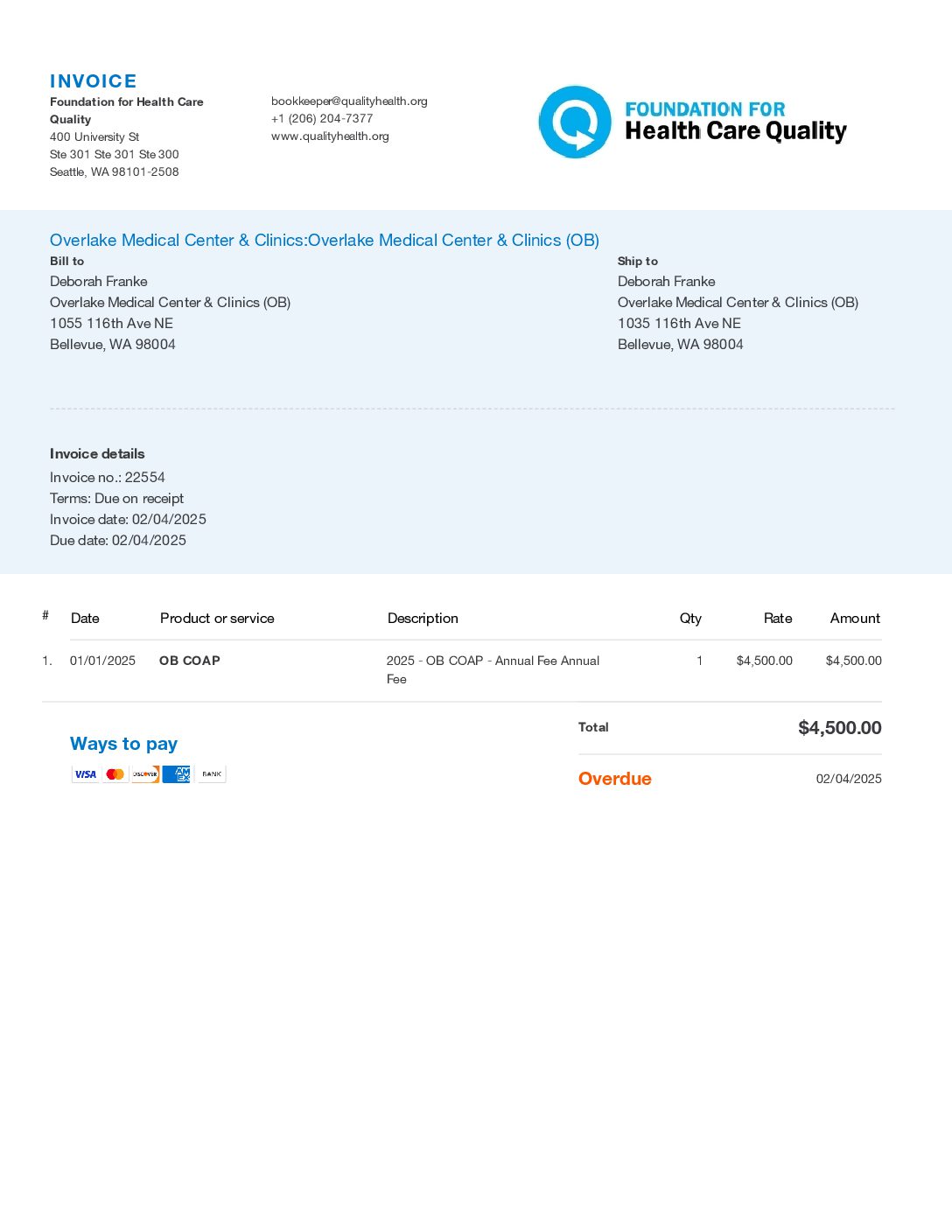 Invoice 22554 | Foundation For Health Care Quality