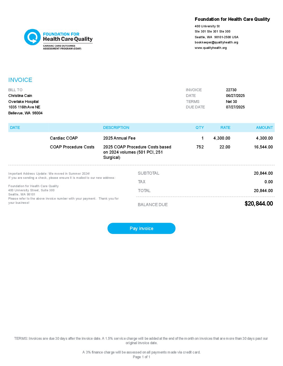 Invoice 22730 | Foundation For Health Care Quality