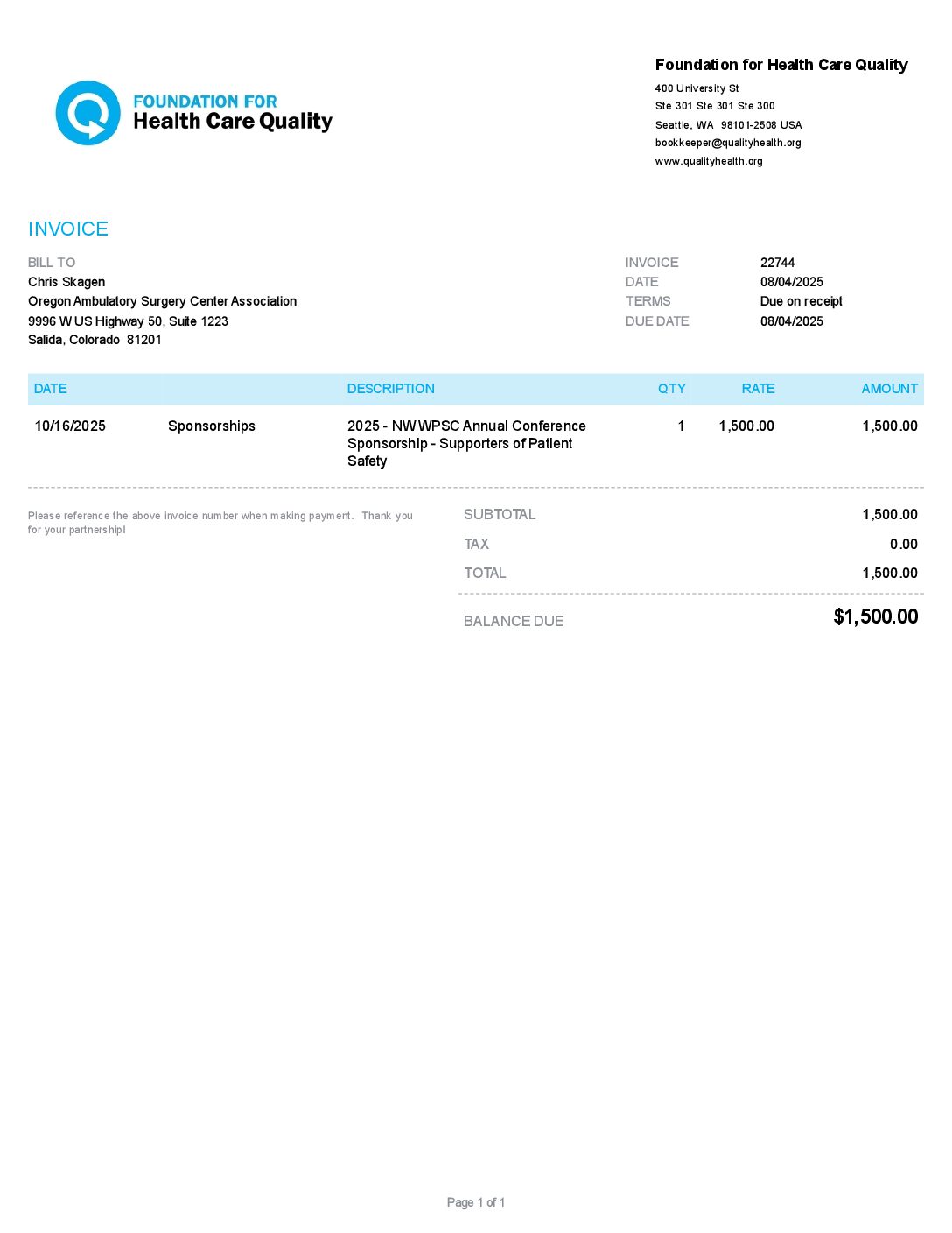 Invoice 22744 | Foundation For Health Care Quality